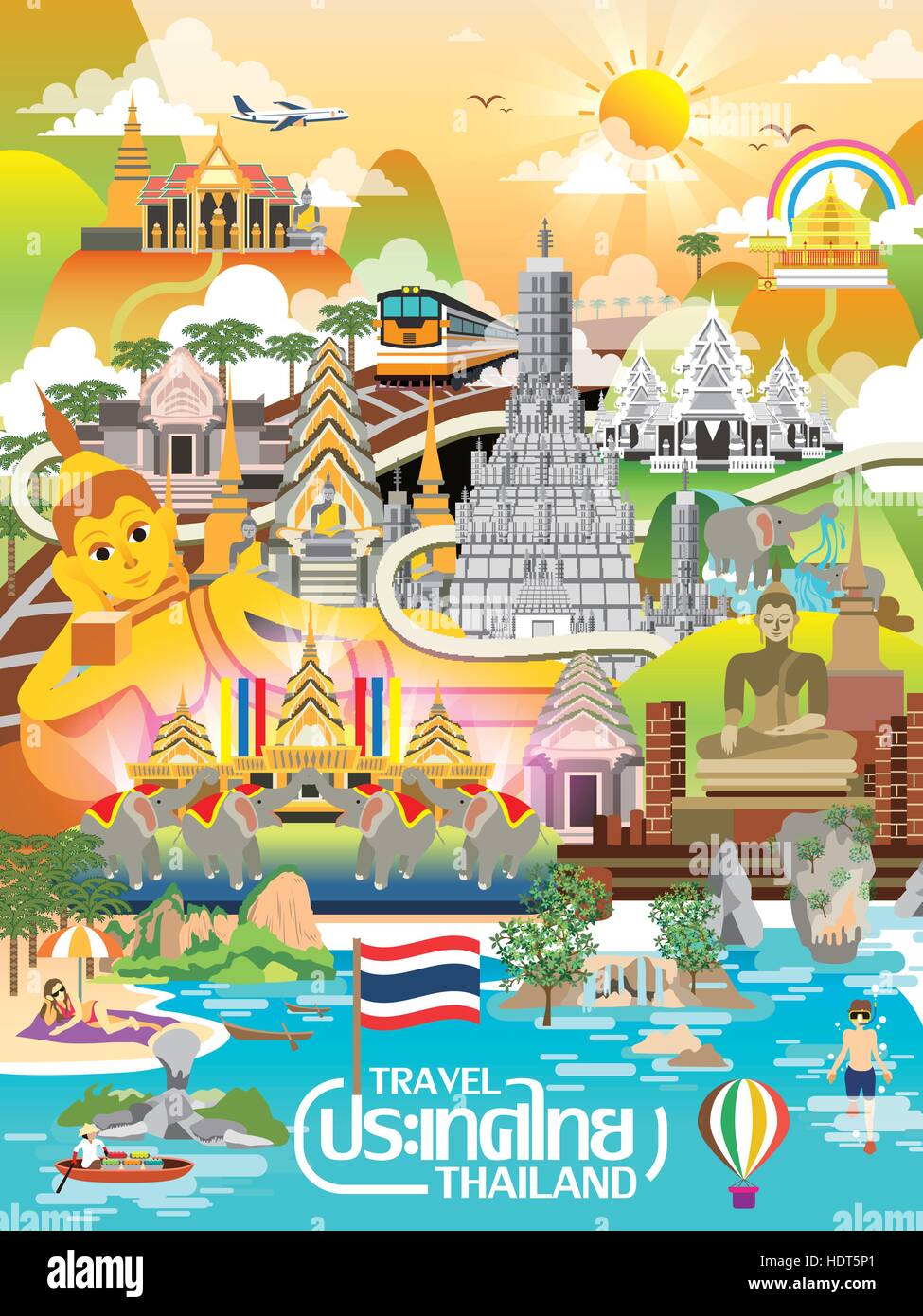 colorful Thailand travel concept poster in flat style - Thailand ...