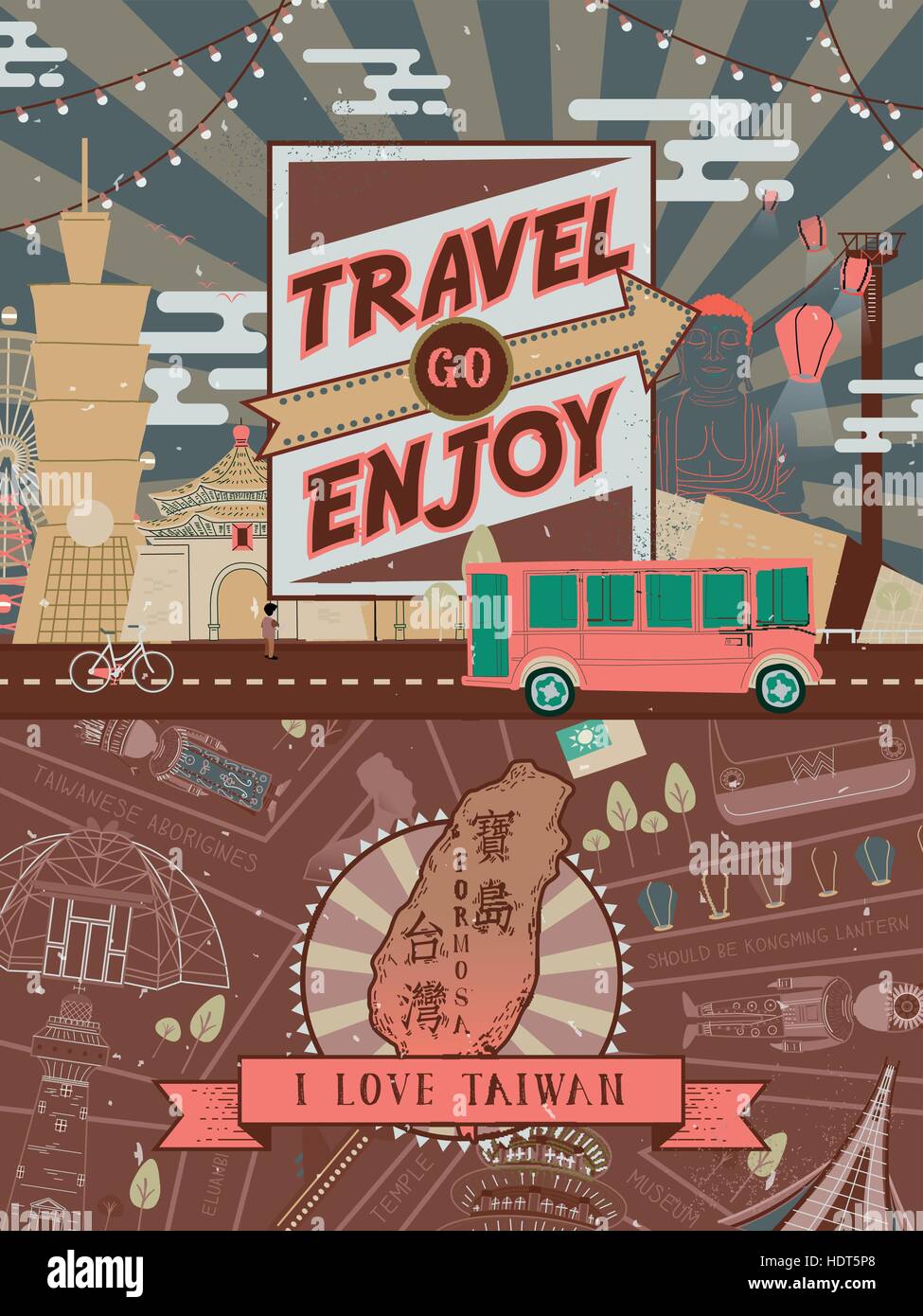lovely Taiwan travel poster design with famous attractions - Taiwan ...