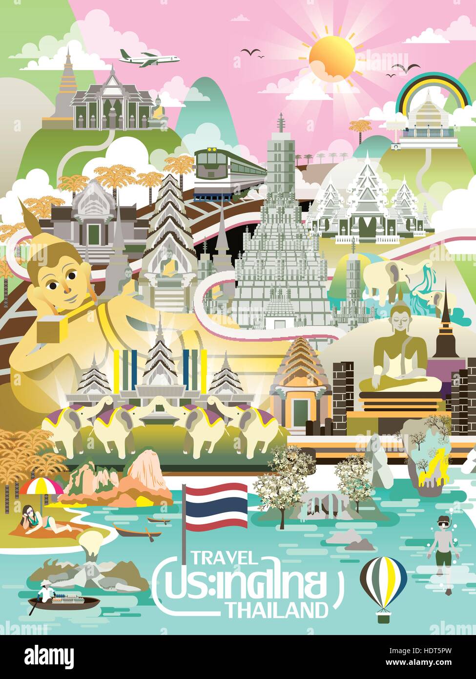 colorful Thailand travel concept poster in flat style - Thailand ...