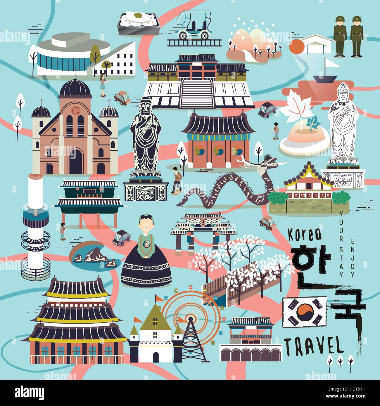 Lovely South Korea Travel Collections In Flat Design Korea In Korean Words On Lower Right