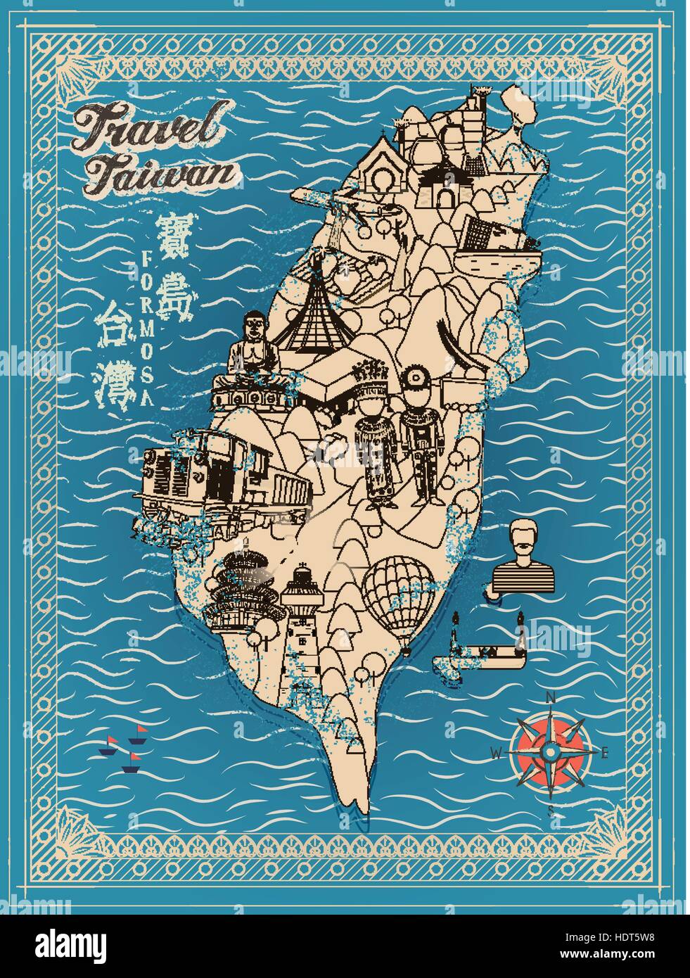 retro Taiwan travel map in line style - Taiwan Formosa in Chinese words ...