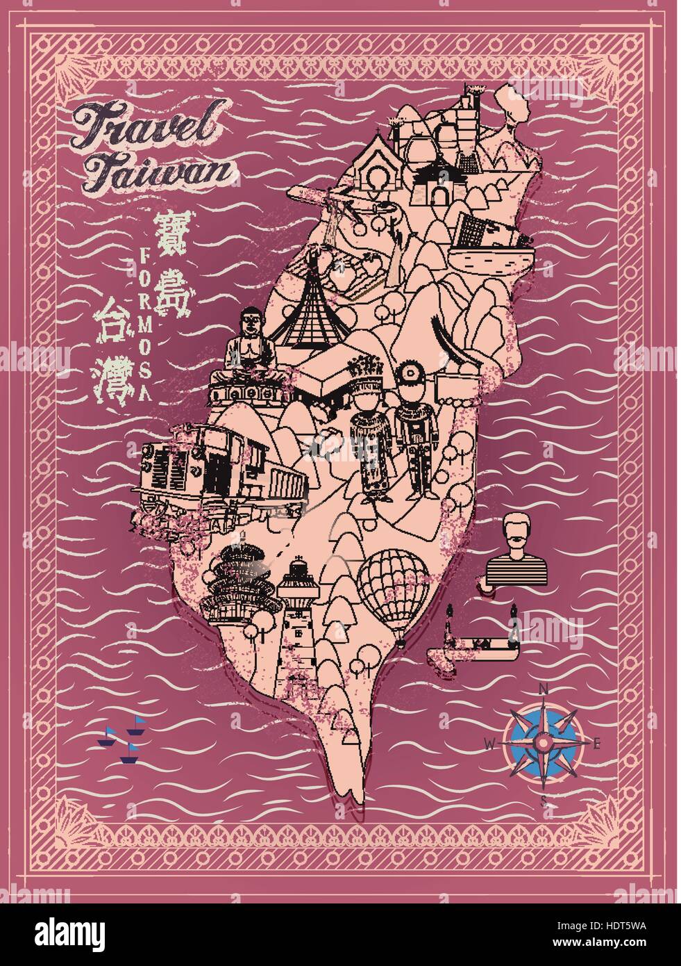 retro Taiwan travel map in line style - Taiwan Formosa in Chinese words ...