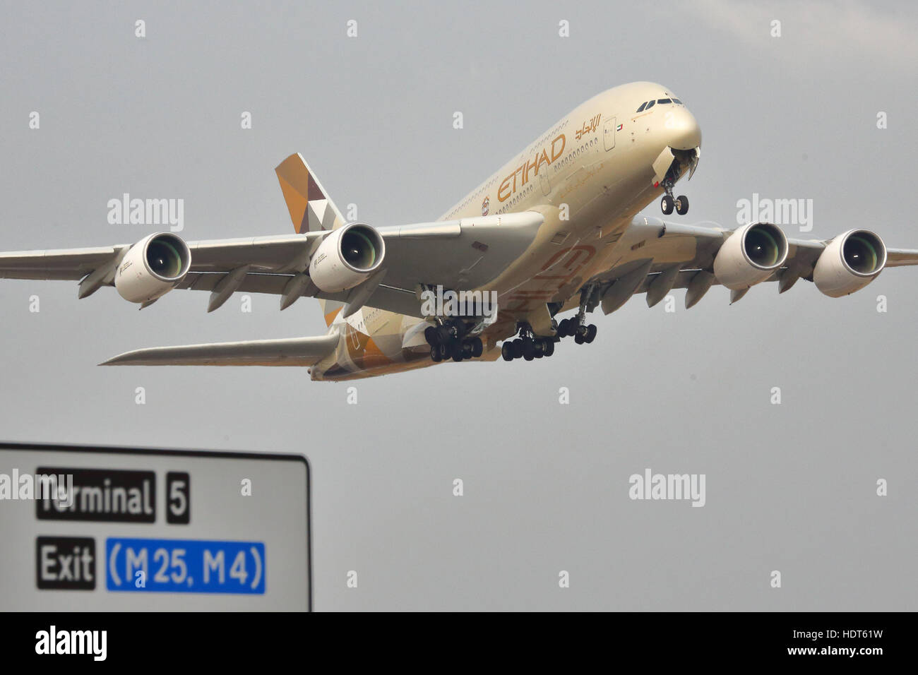 Etihad Airways Airbus A380-800 departing from London Heathrow Airport ...