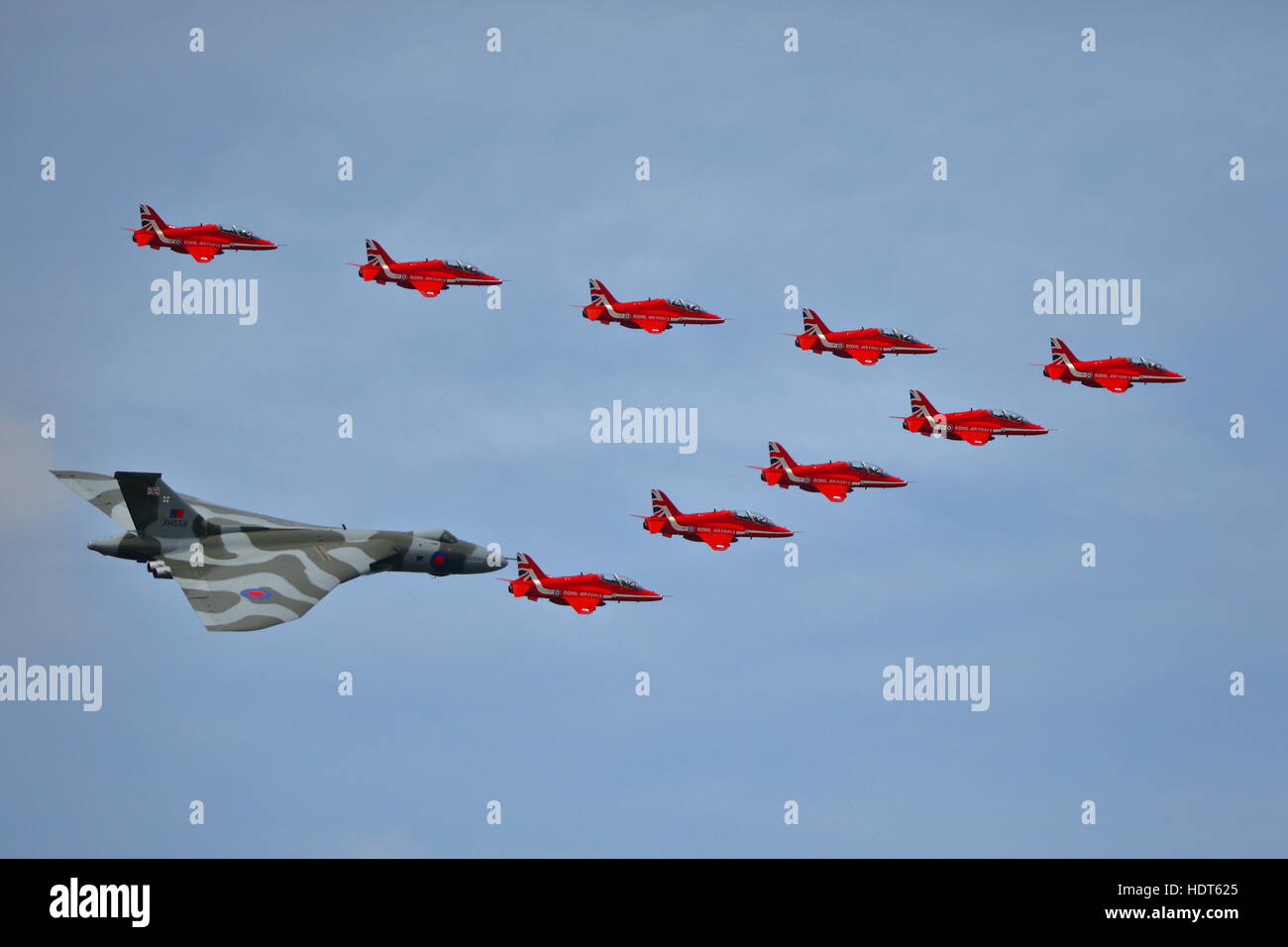 The Red Arrows with their BAE Hawk T.1 flew in formation with the Vulcan XH558 at the RIAT 2015 ...