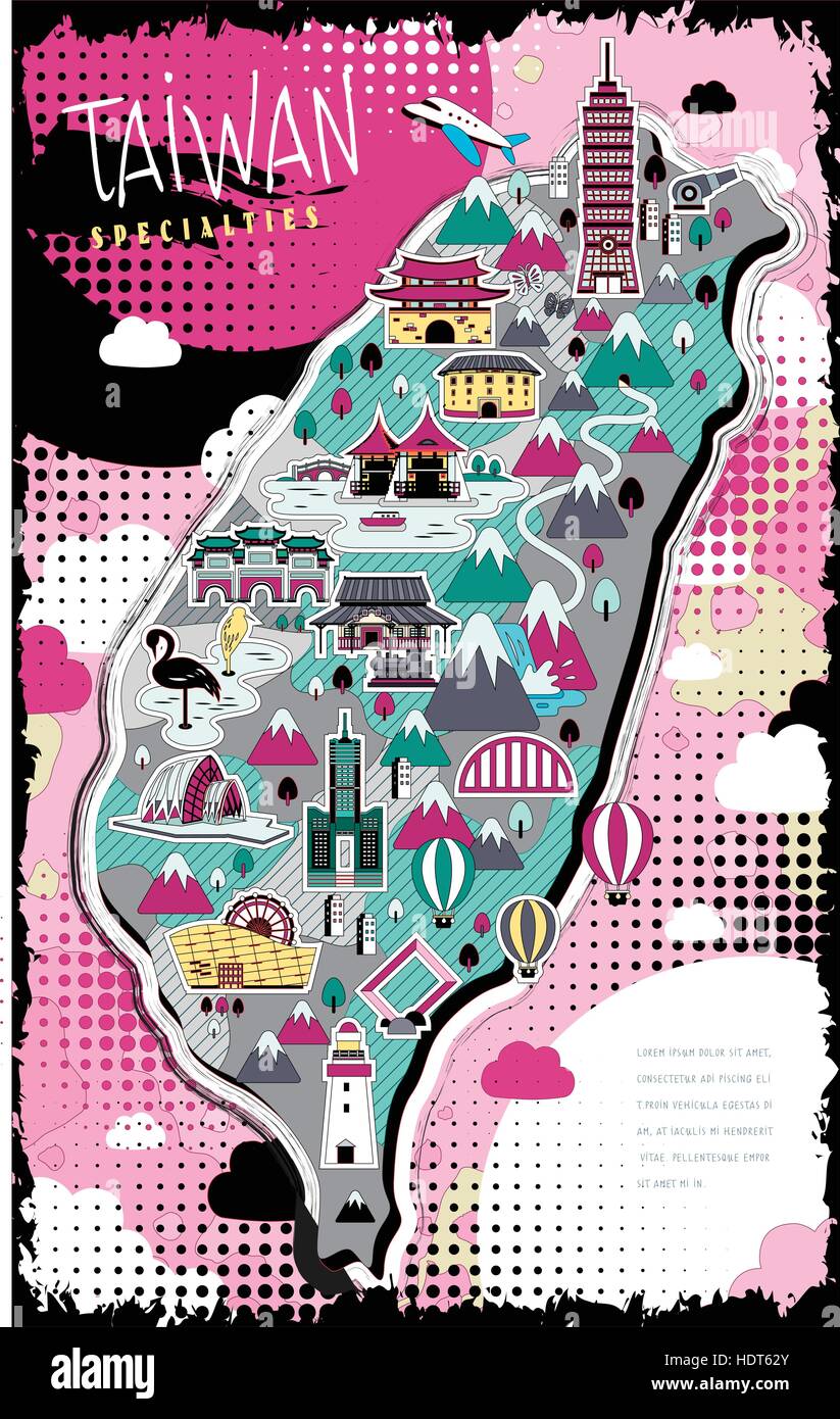 colorful Taiwan travel map with attractions in flat style Stock Vector ...