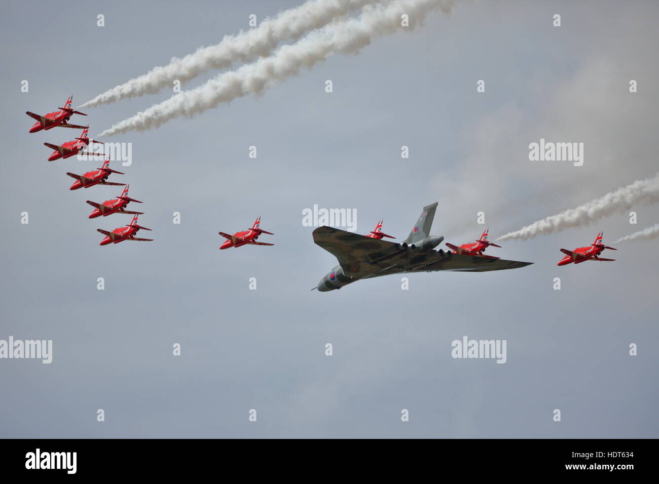 The Red Arrows with their BAE Hawk T.1 flew in formation with the Vulcan XH558 at the RIAT 2015 ...