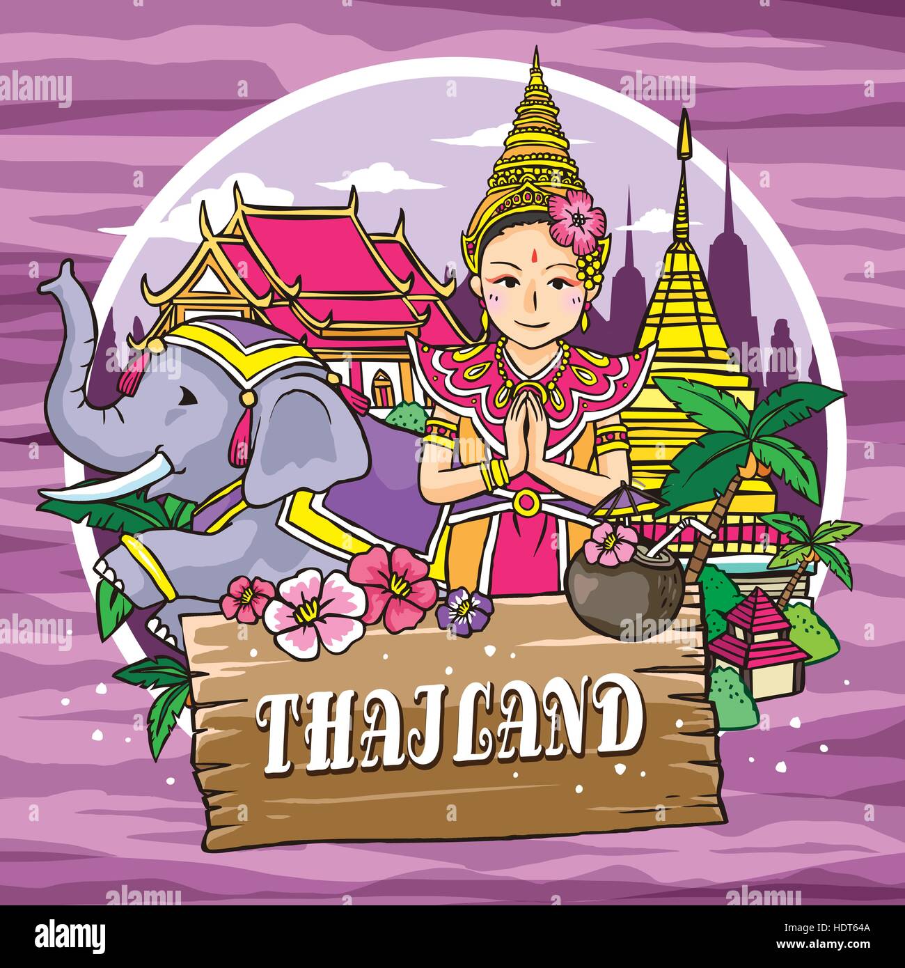 adorable Thailand travel concept poster in hand drawn style Stock ...