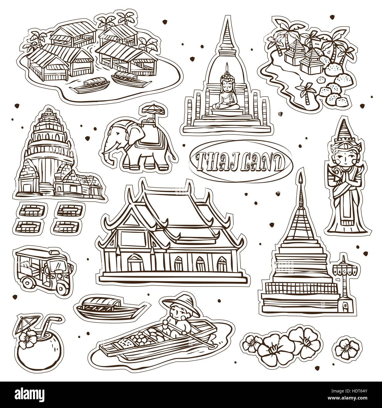 adorable Thailand travel concept collection set in hand drawn style ...