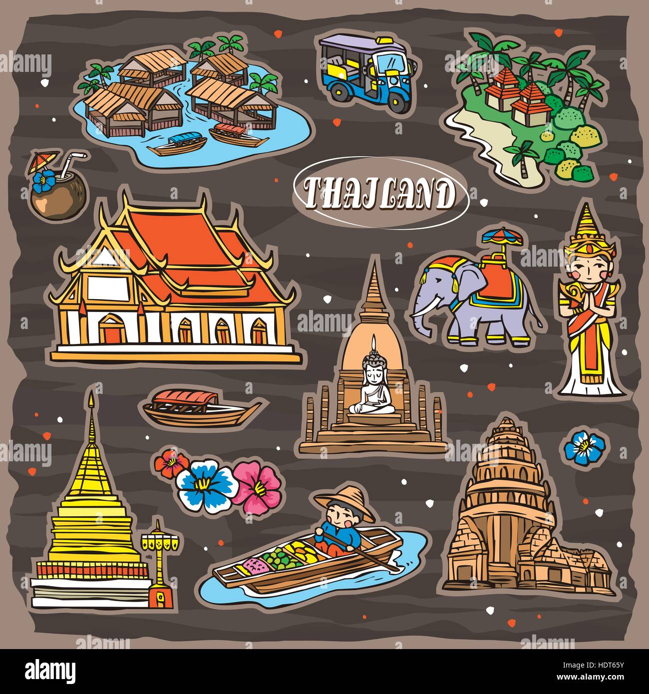 adorable Thailand travel concept collection set in hand drawn style ...
