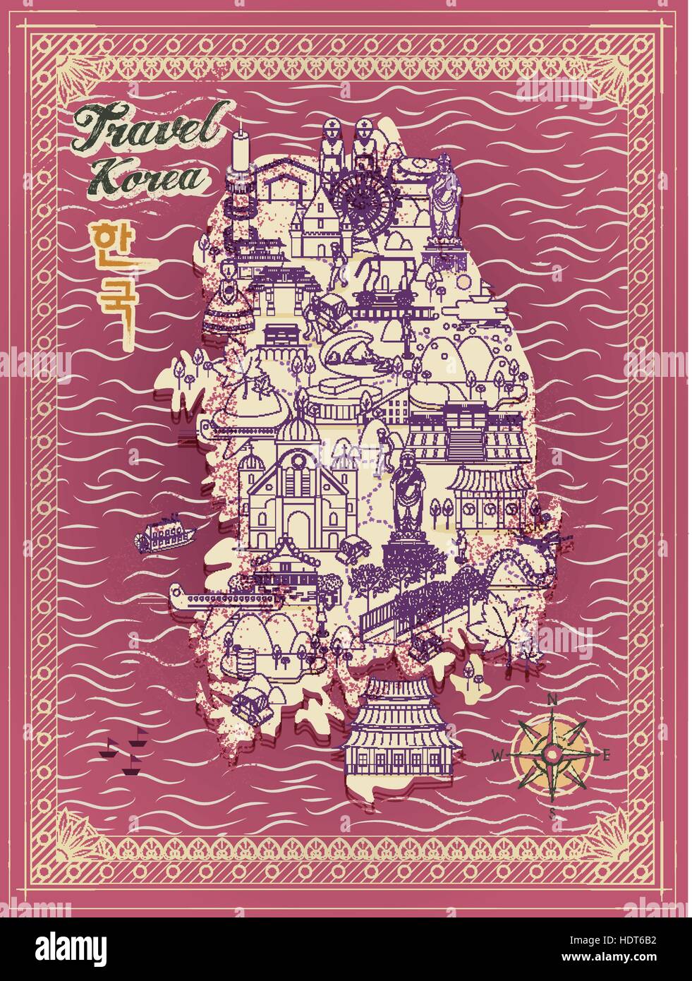 retro South Korea travel map in thin line style - Korea in Korean words ...