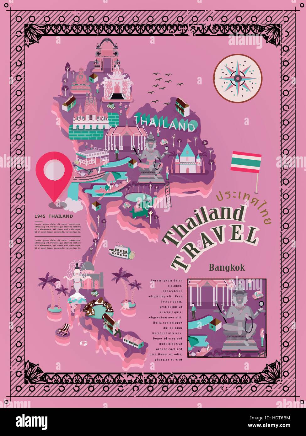 retro Thailand travel poster - Thailand country name in Thai word Stock ...