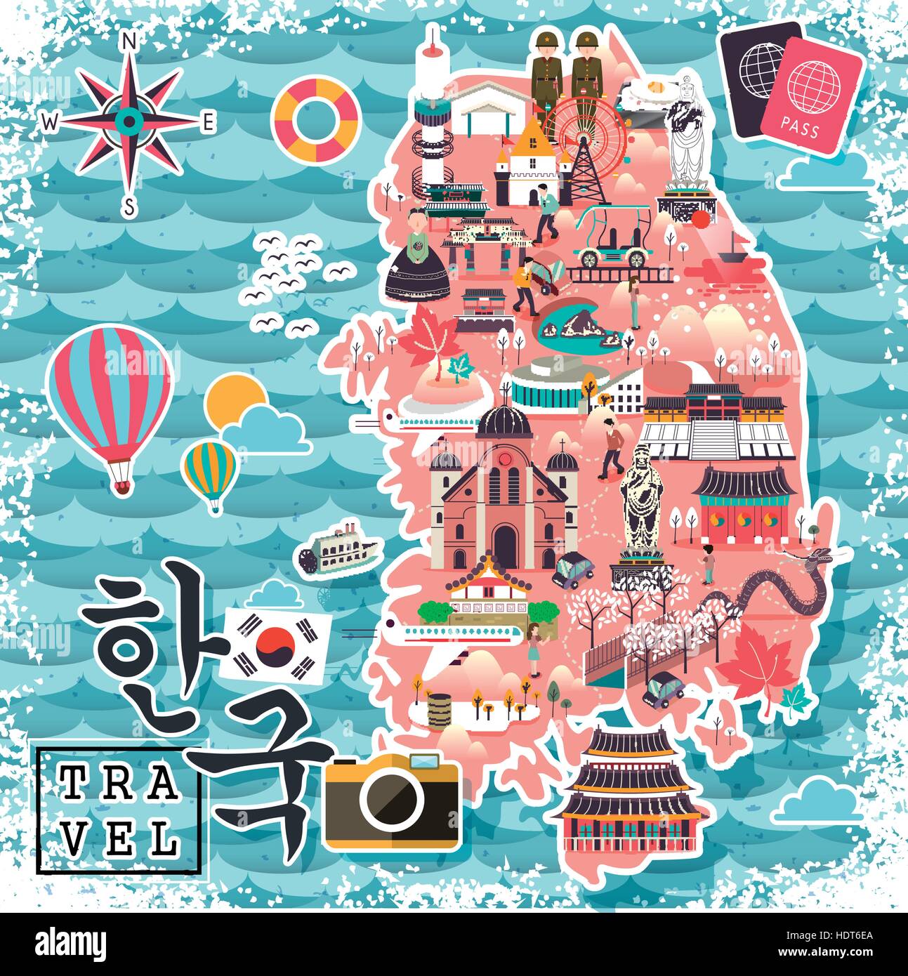 colorful South Korea travel map - Korea in Korean words on lower left ...