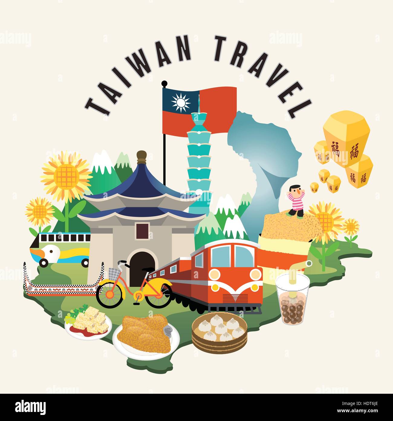 lovely Taiwan travel concept illustration - blessing word in chinese on ...