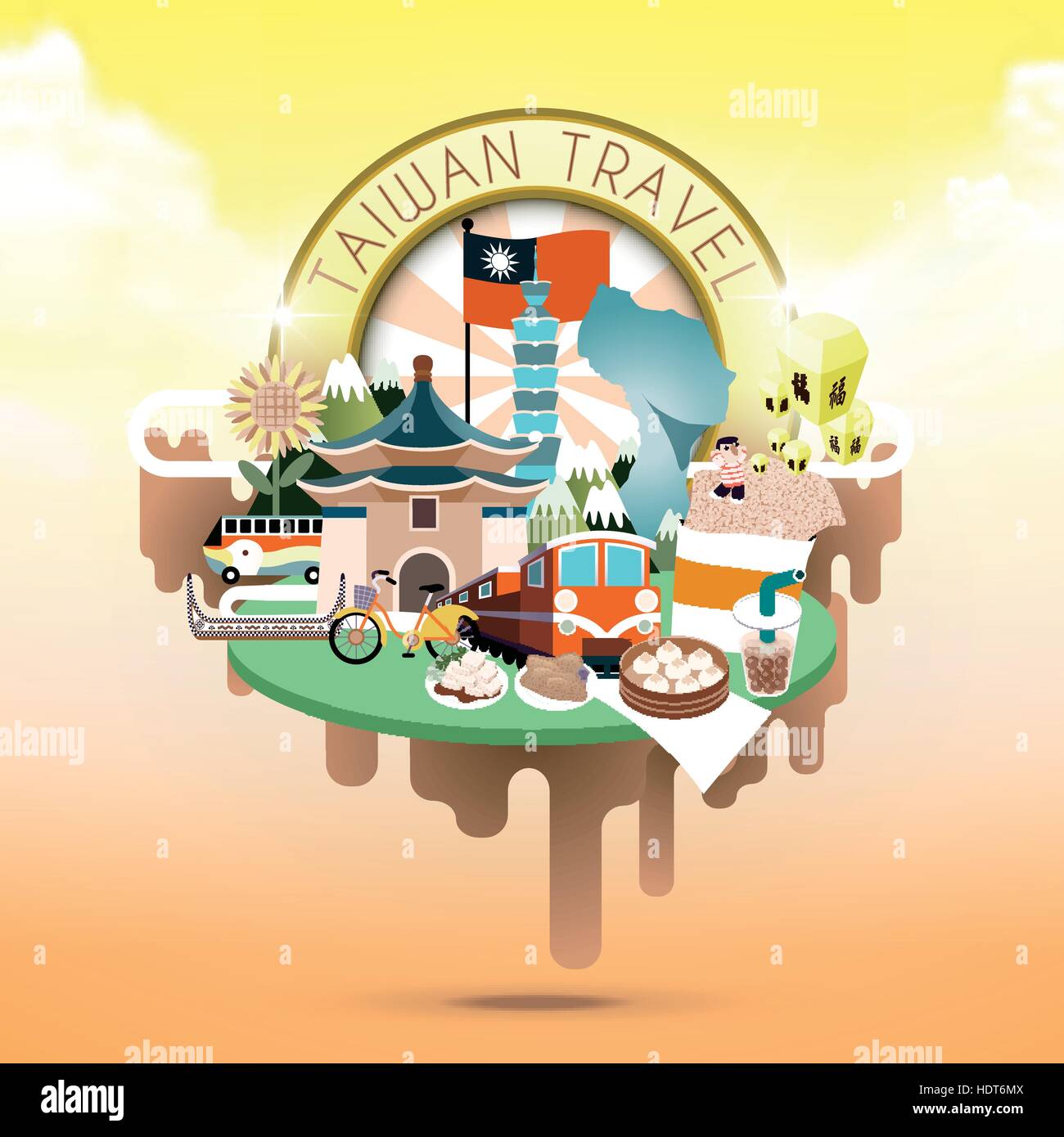 Taiwan travel concept illustration with attractions and specialties ...