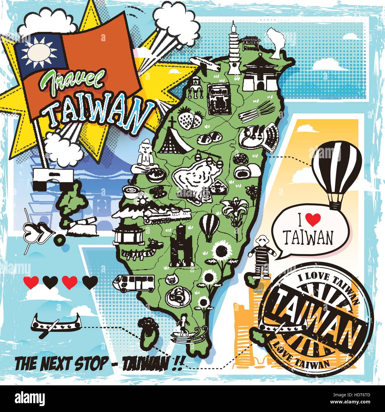 Taiwan travel map in comic style with attractions and specialties Stock ...