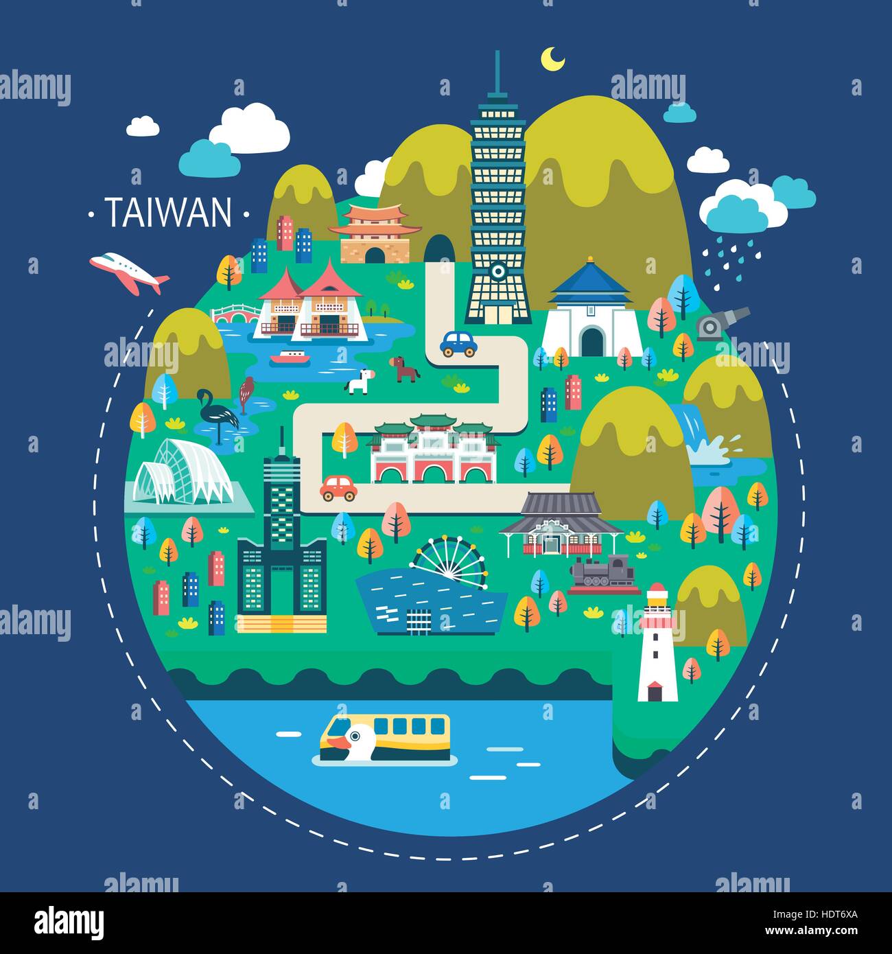 adorable Taiwan travel concept illustration in flat design Stock Vector ...