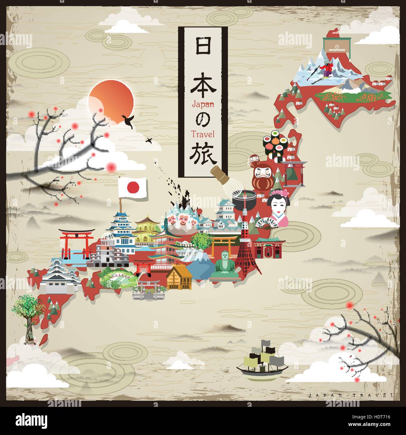 retro Japan travel map design - Japan travel in Japanese words Stock ...