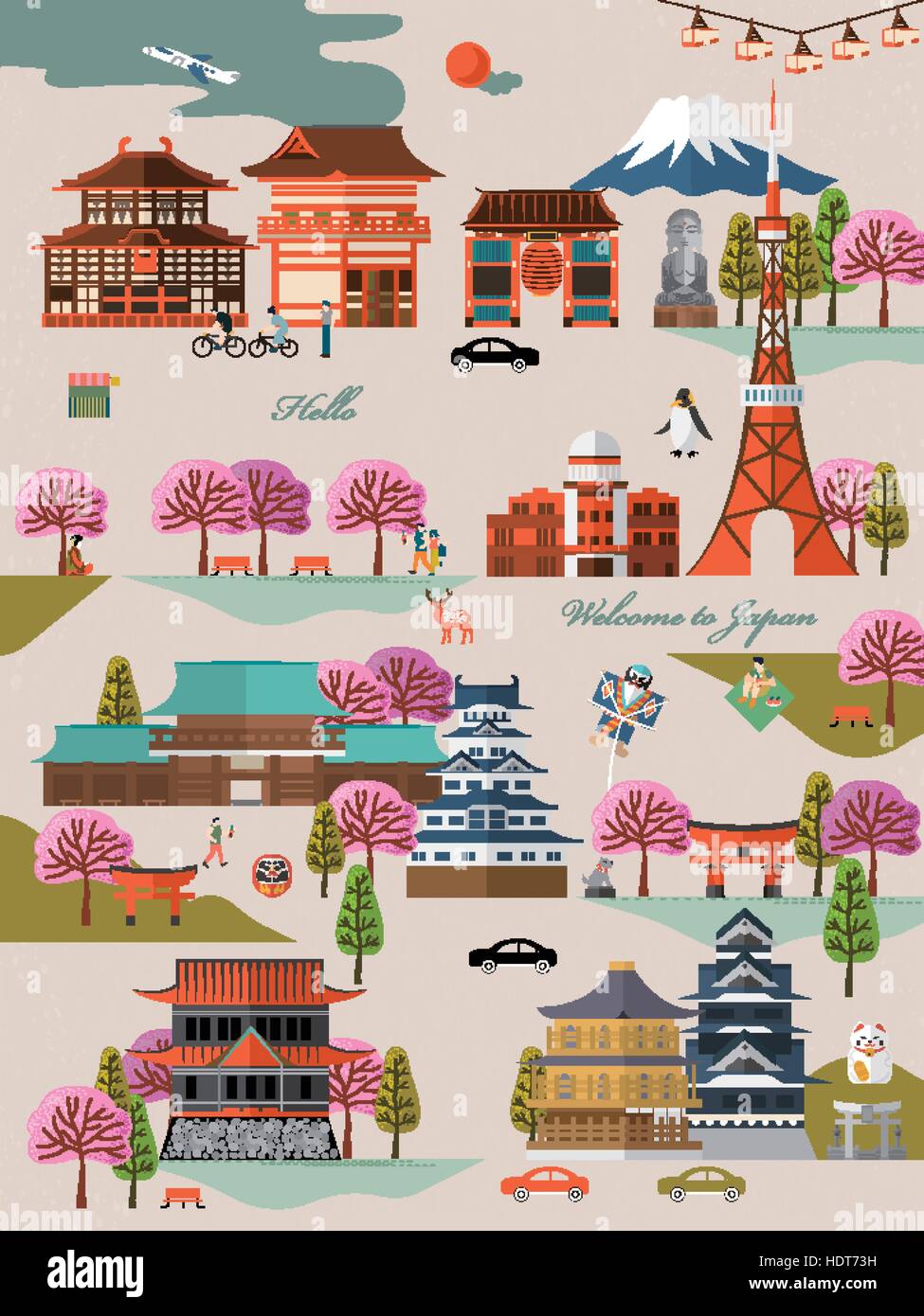 attractive Japan travel ad poster with sakura and attractions Stock ...
