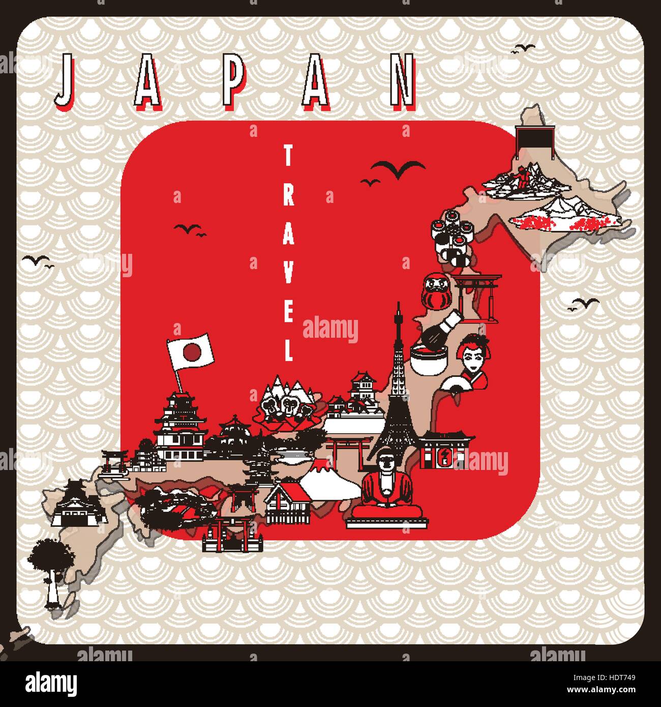 retro Japan travel poster design with attractions Stock Vector Image ...