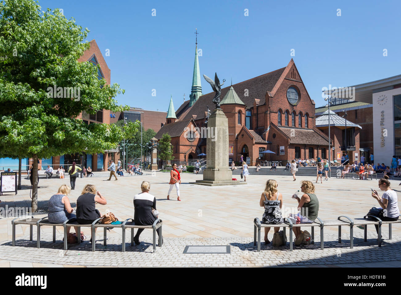Woking Town Square showing War Memorial and Christ Church, Woking Stock ...