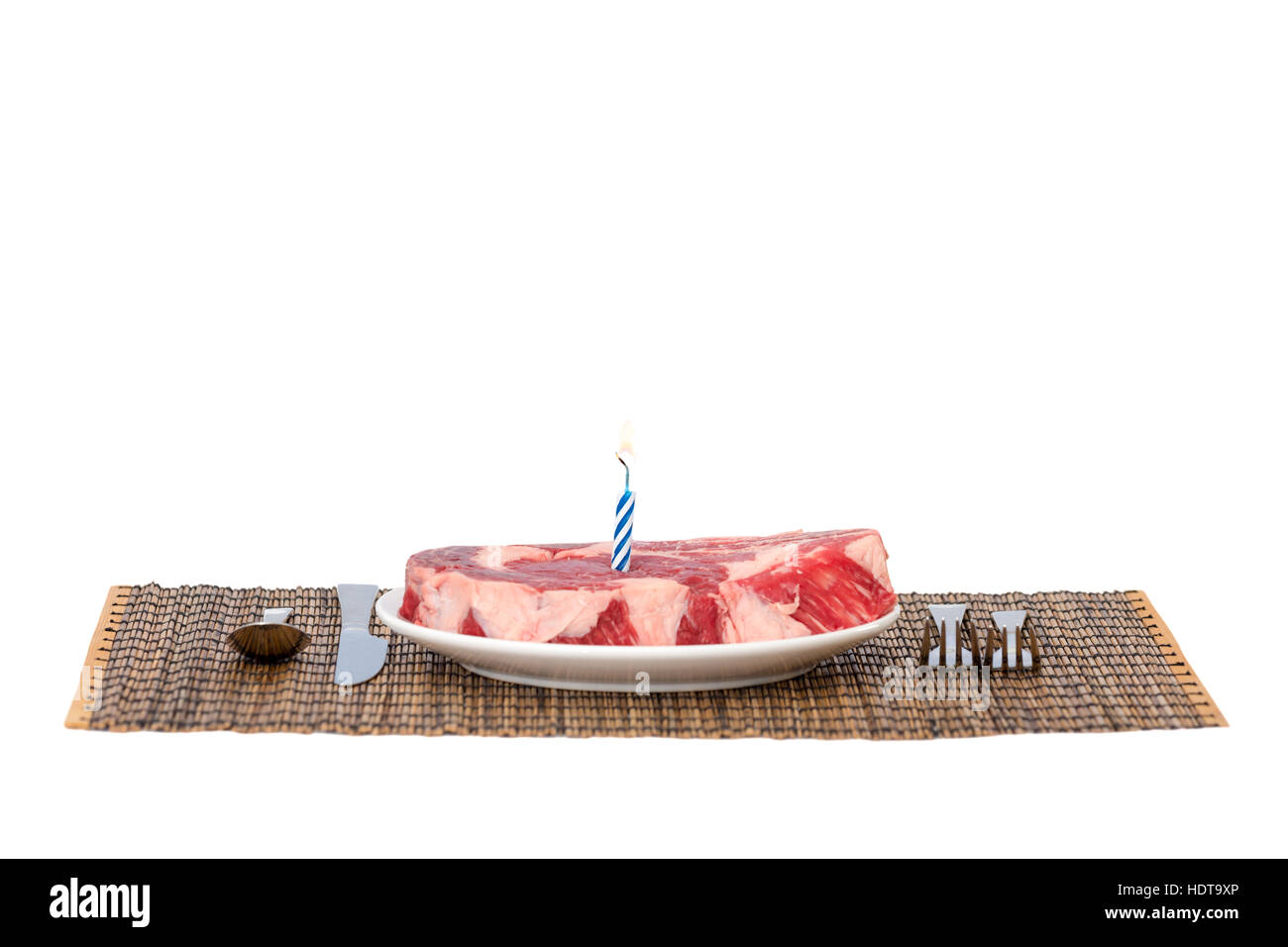 Raw beef steak on white background with Happy birthday candle Stock ...