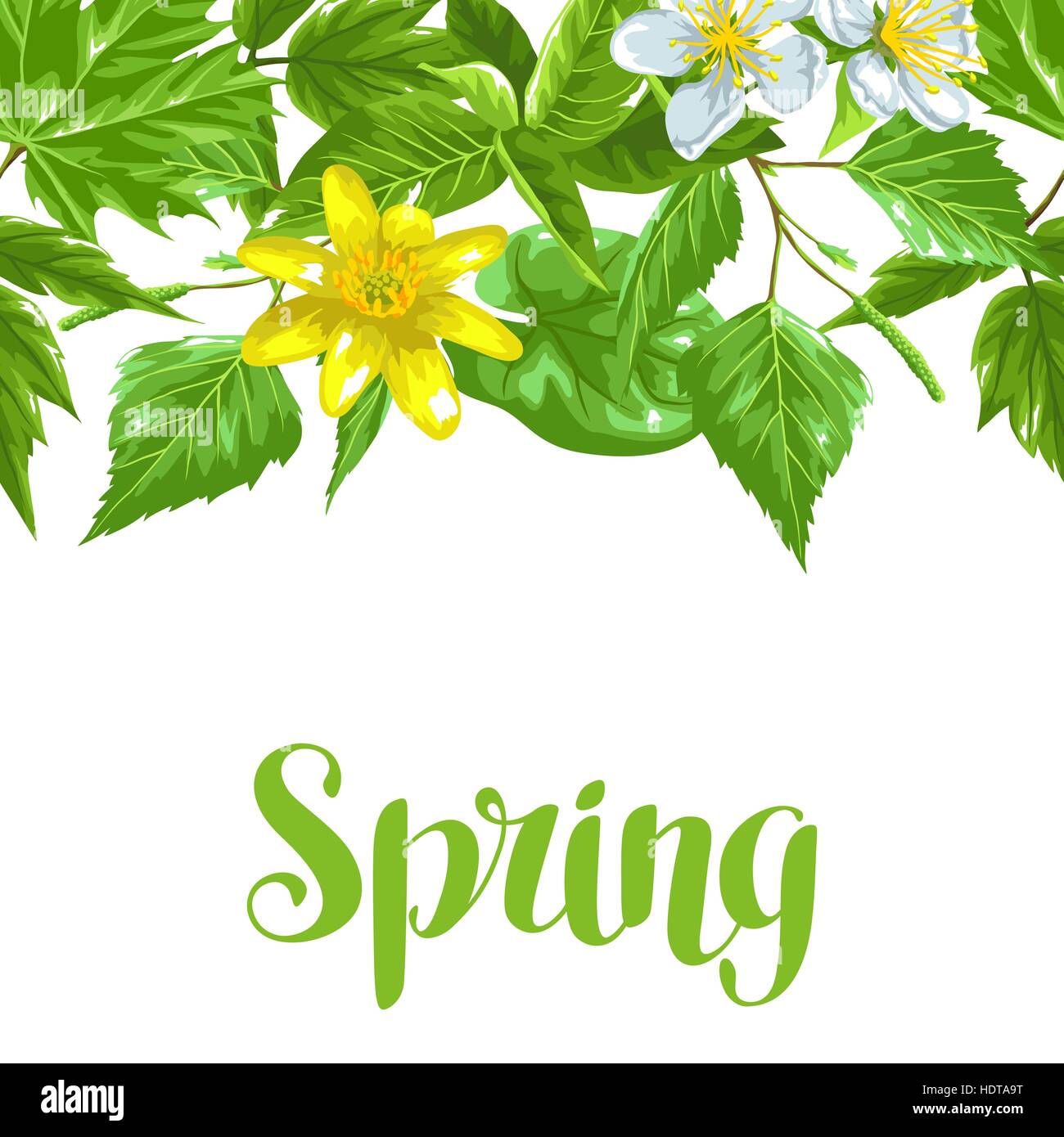 Spring green leaves and flowers. Seamless border with plants, twig, bud ...