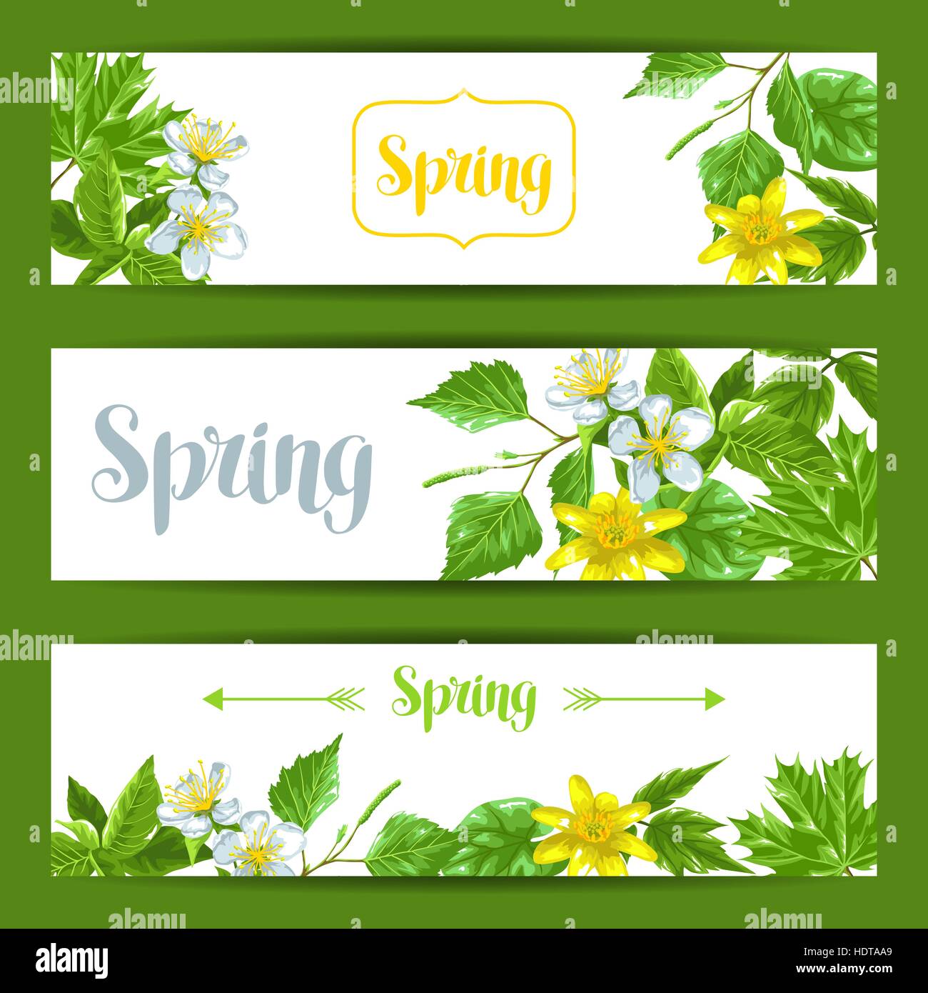Spring green leaves and flowers. Banners with plants twig buds Stock ...