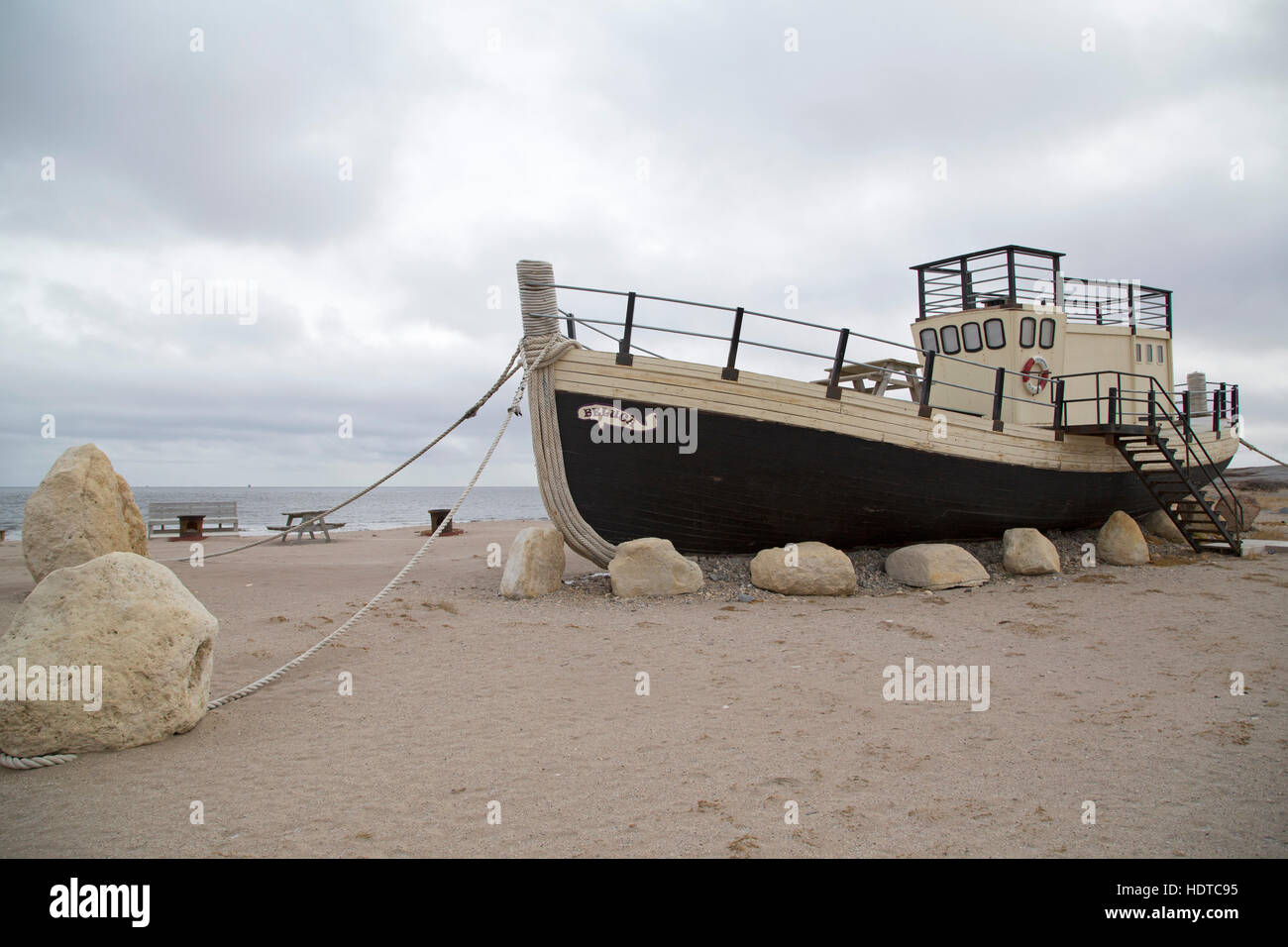 The Beluga, a boat by the shore of the Hudson Bay, at Churchill in ...