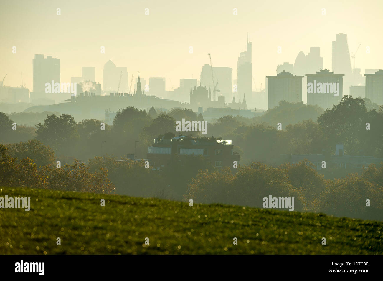 City skyline view of London, England with autumn trees on a misty ...
