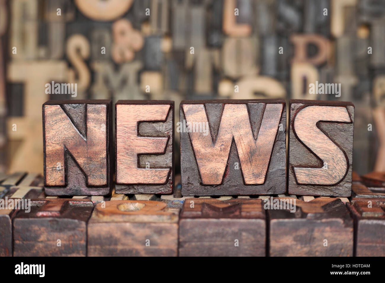 NEWS word made from wooden letterpress blocks on many different letters ...