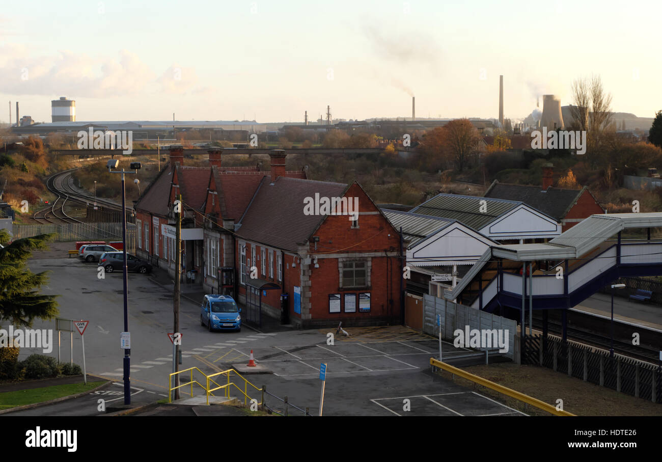 The railway station at Scunthorpe seen against a background of steel ...