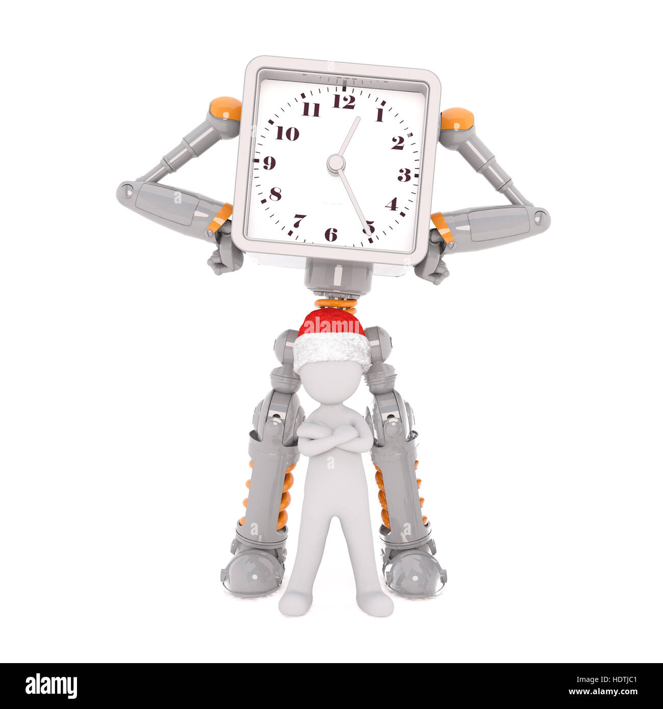 Grey and orange robot with clock at chest while a cross armed 3D figure ...
