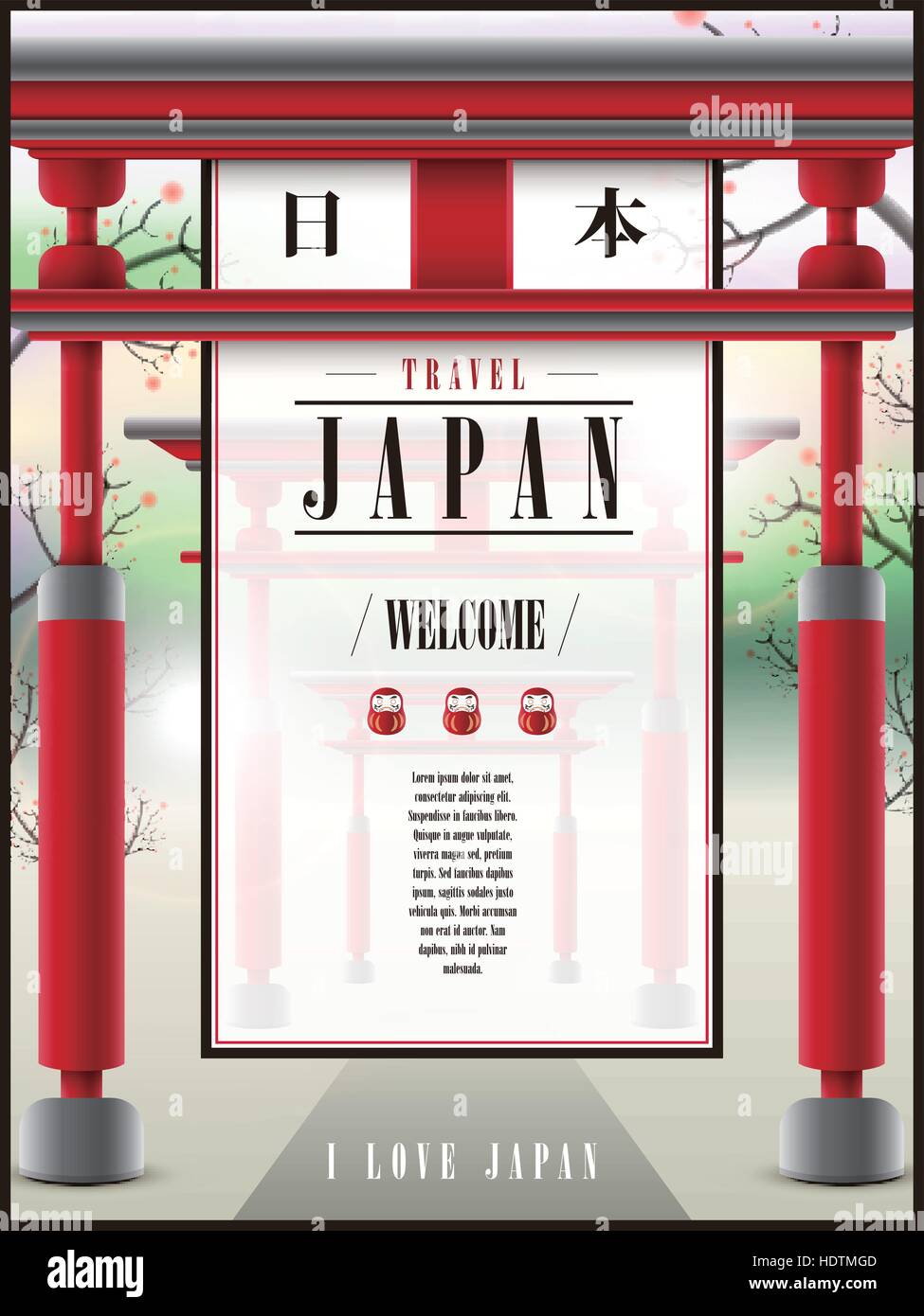 fascinating Japan travel poster with torii - Japan country name in ...