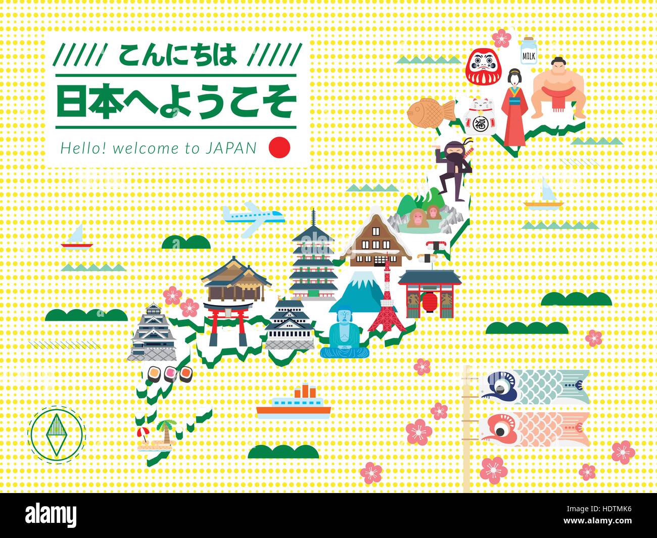 adorable Japan travel map poster - Hello welcome to Japan in Japanese ...
