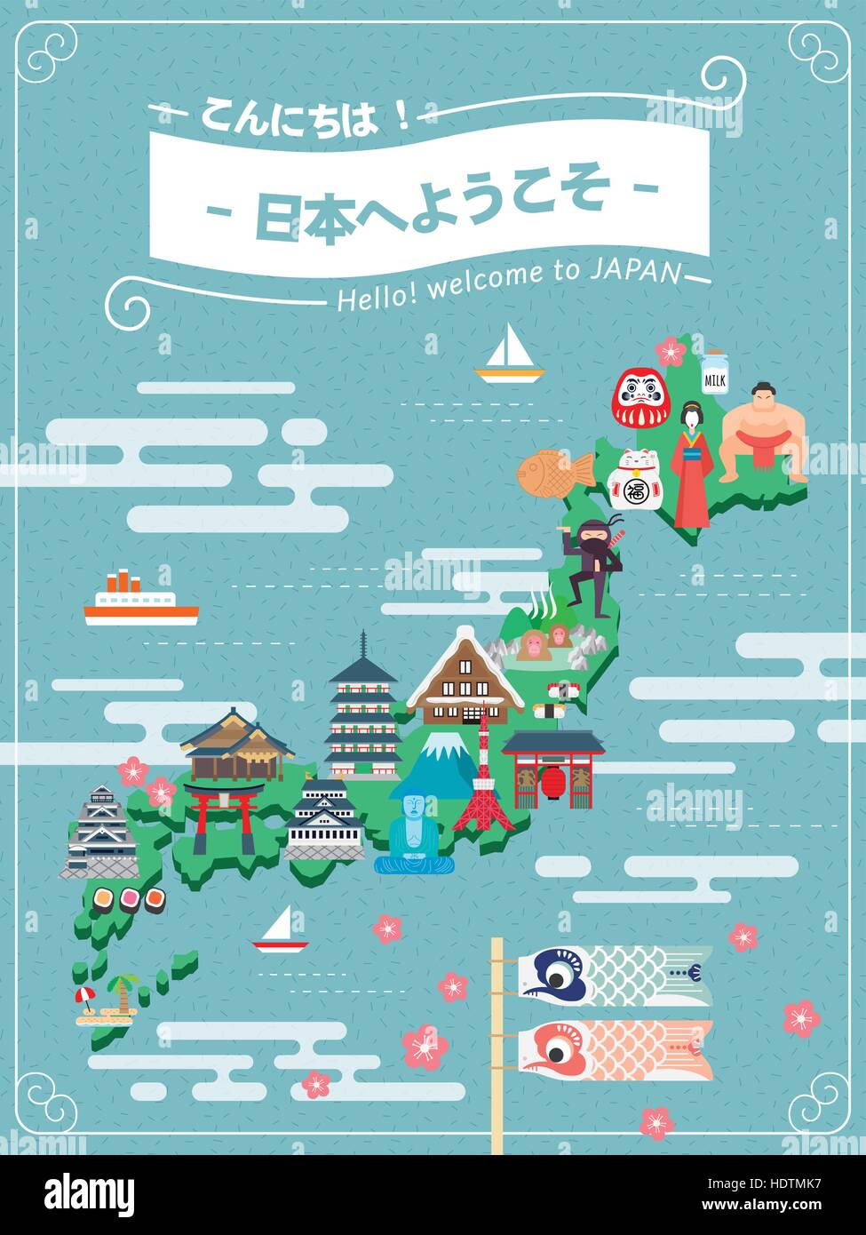 adorable Japan travel map poster - Hello welcome to Japan in Japanese ...