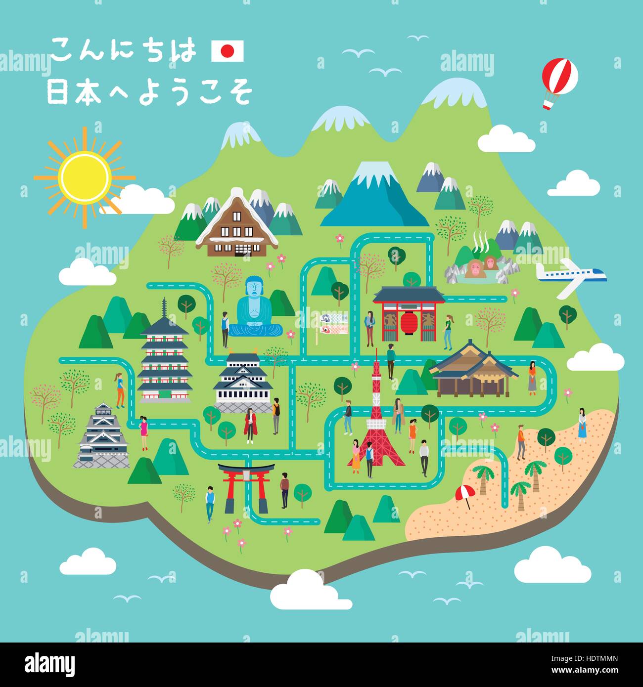 adorable Japan walking map - Hello welcome to Japan in Japanese words ...