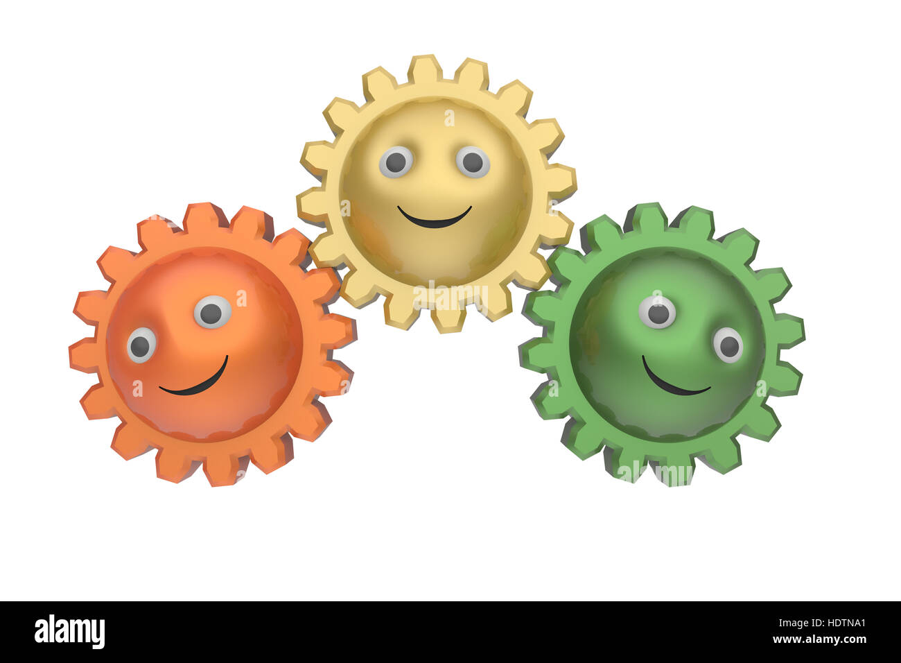three gear wheel shaped smiley on white 3d render Stock Photo - Alamy