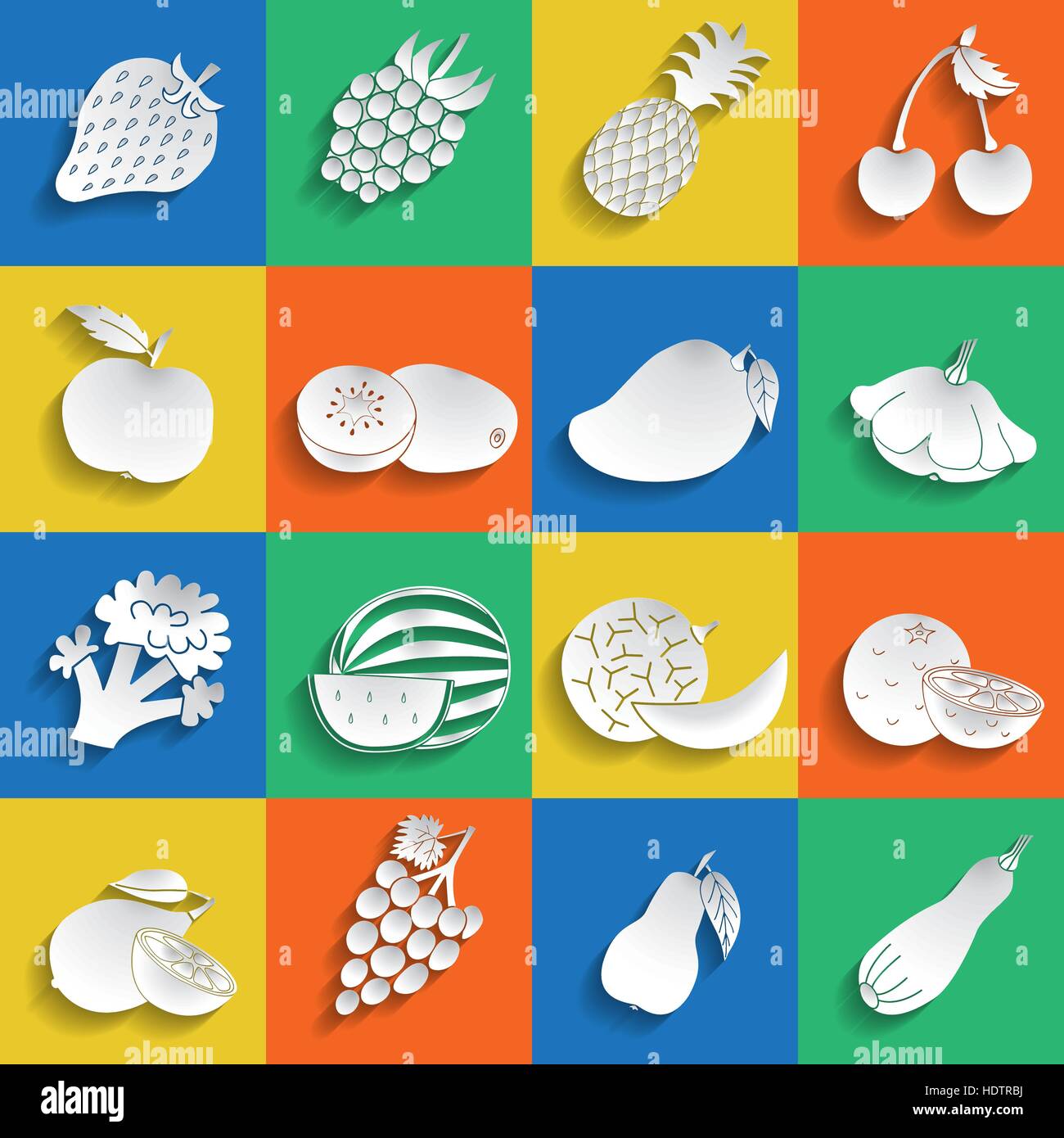 Icons of fruits and vegetables in paper style Stock Vector Image & Art ...