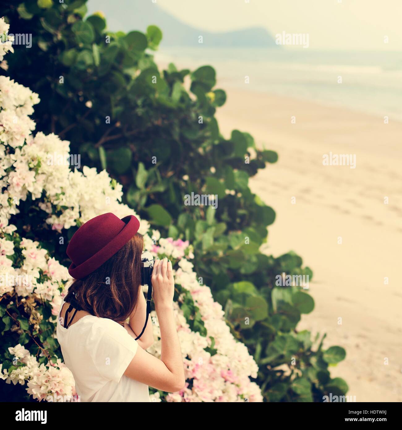 Girl Camera Photographer Focus Shooting Nature Concept Stock Photo - Alamy