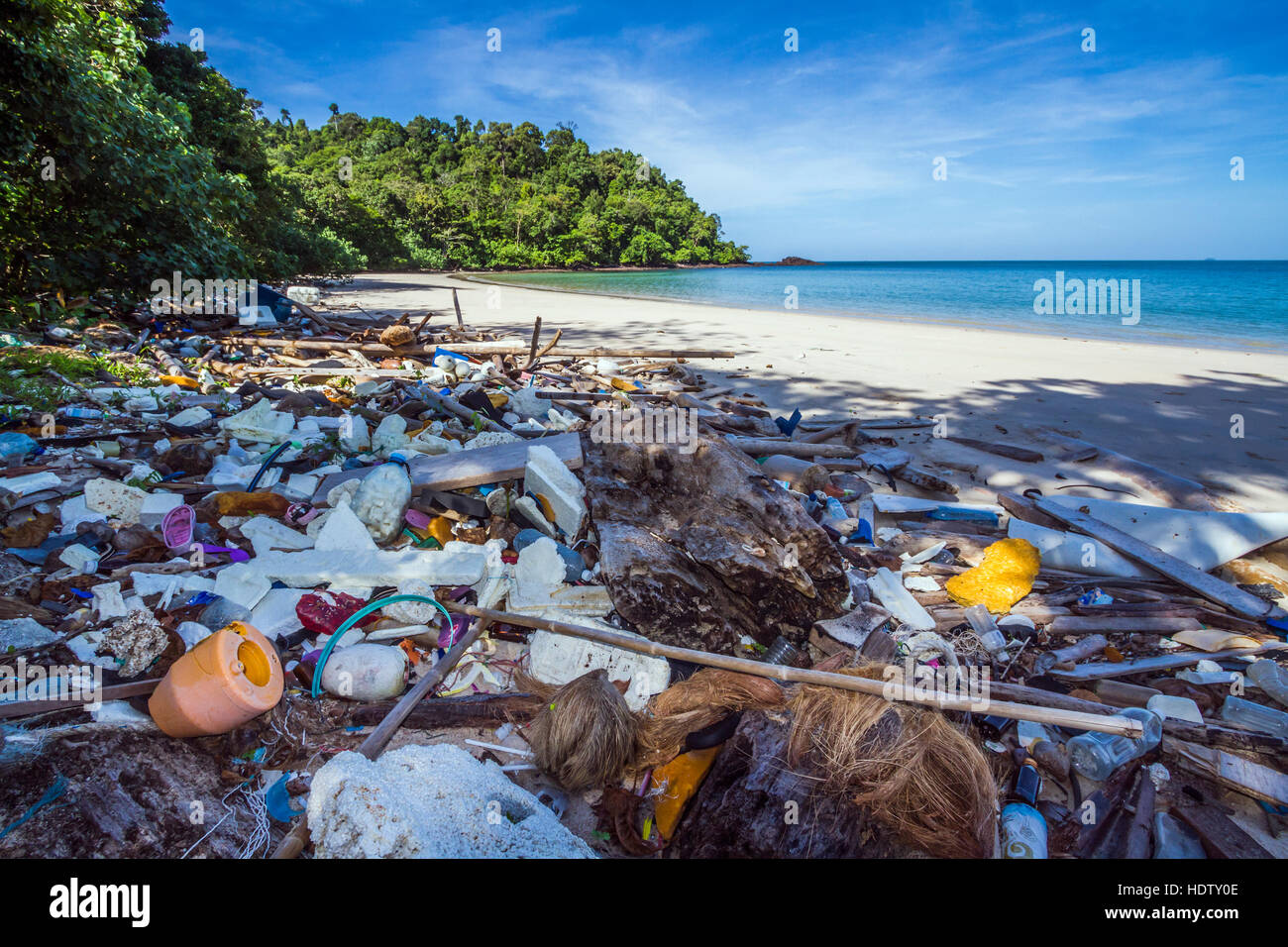 Polluted beach with rubbish in national park of Thailand Stock Photo ...