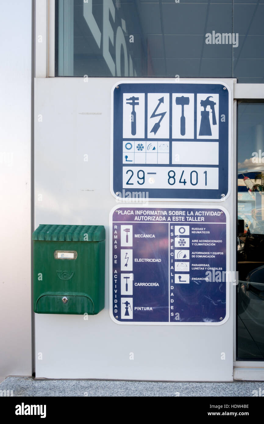 Information plate giving the list of activities authorised in a Spanish ...