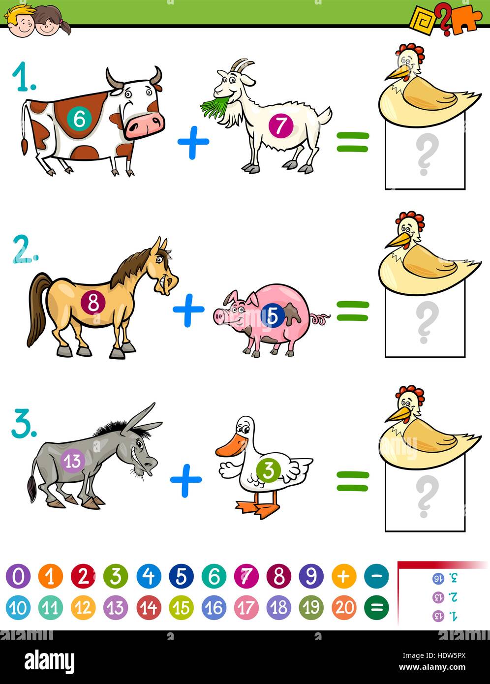 Cartoon Illustration of Educational Mathematical Addition Activity Task ...