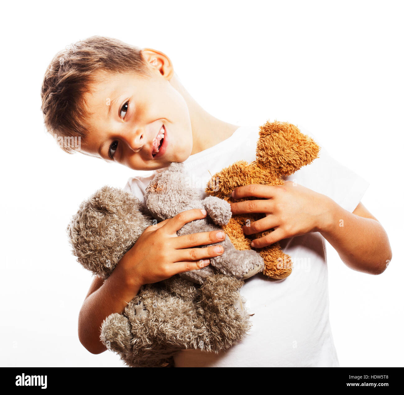 little cute boy with many teddy bears hugging isolated close up Stock ...