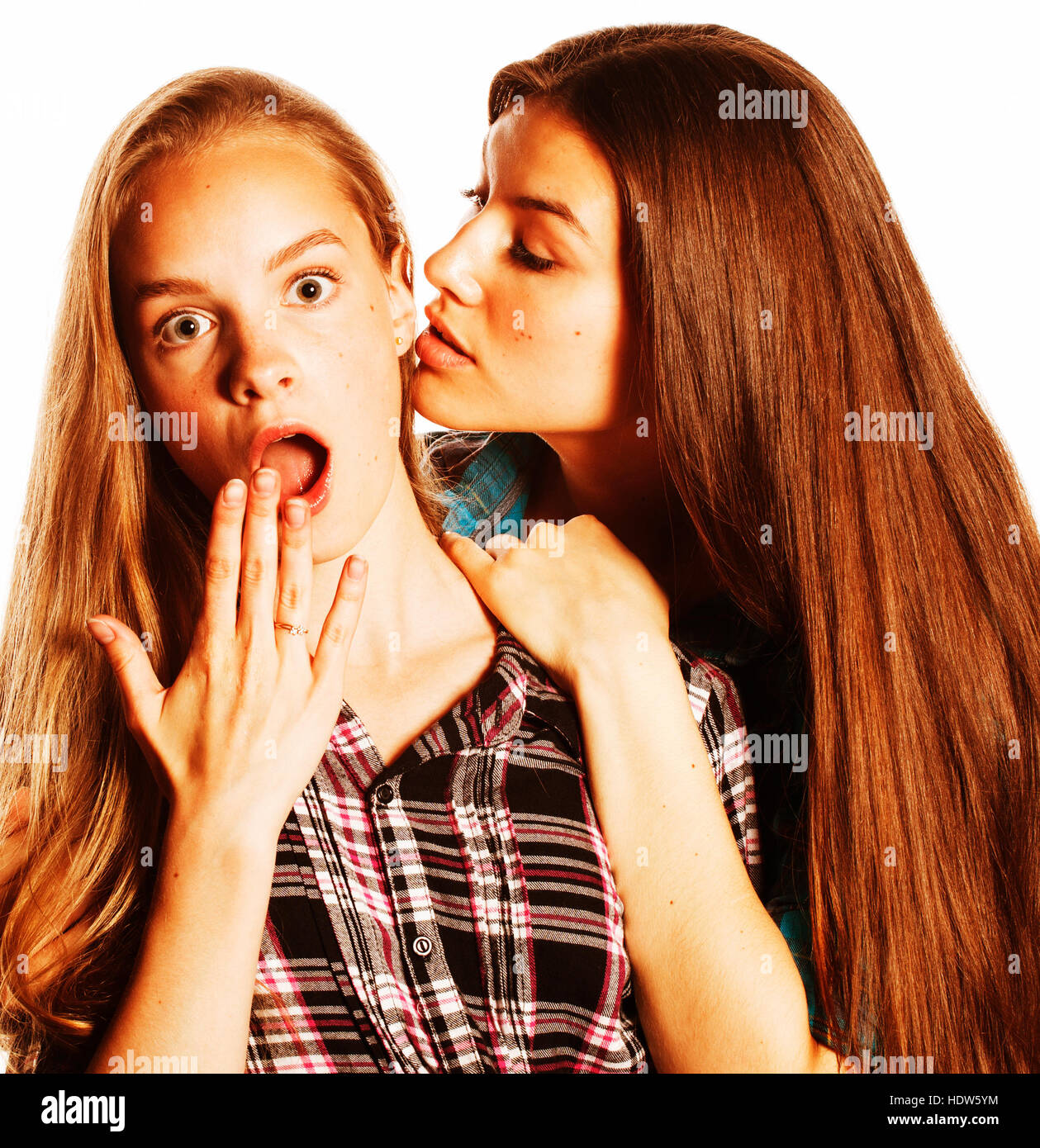 two cute teenagers having fun together isolated on white Stock Photo ...