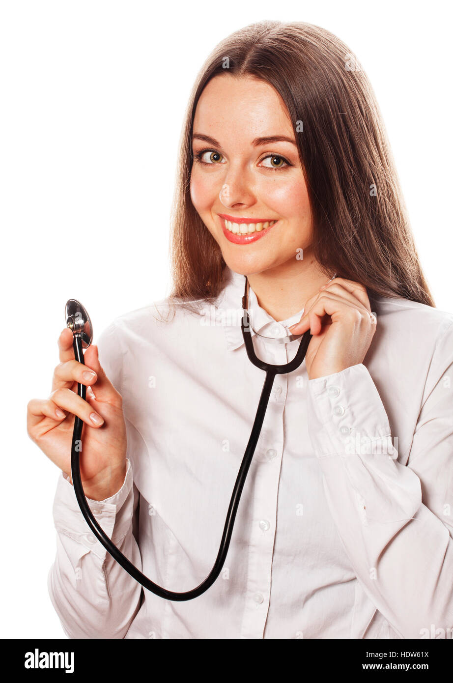 young pretty woman doctor with stethoscope on white background Stock ...