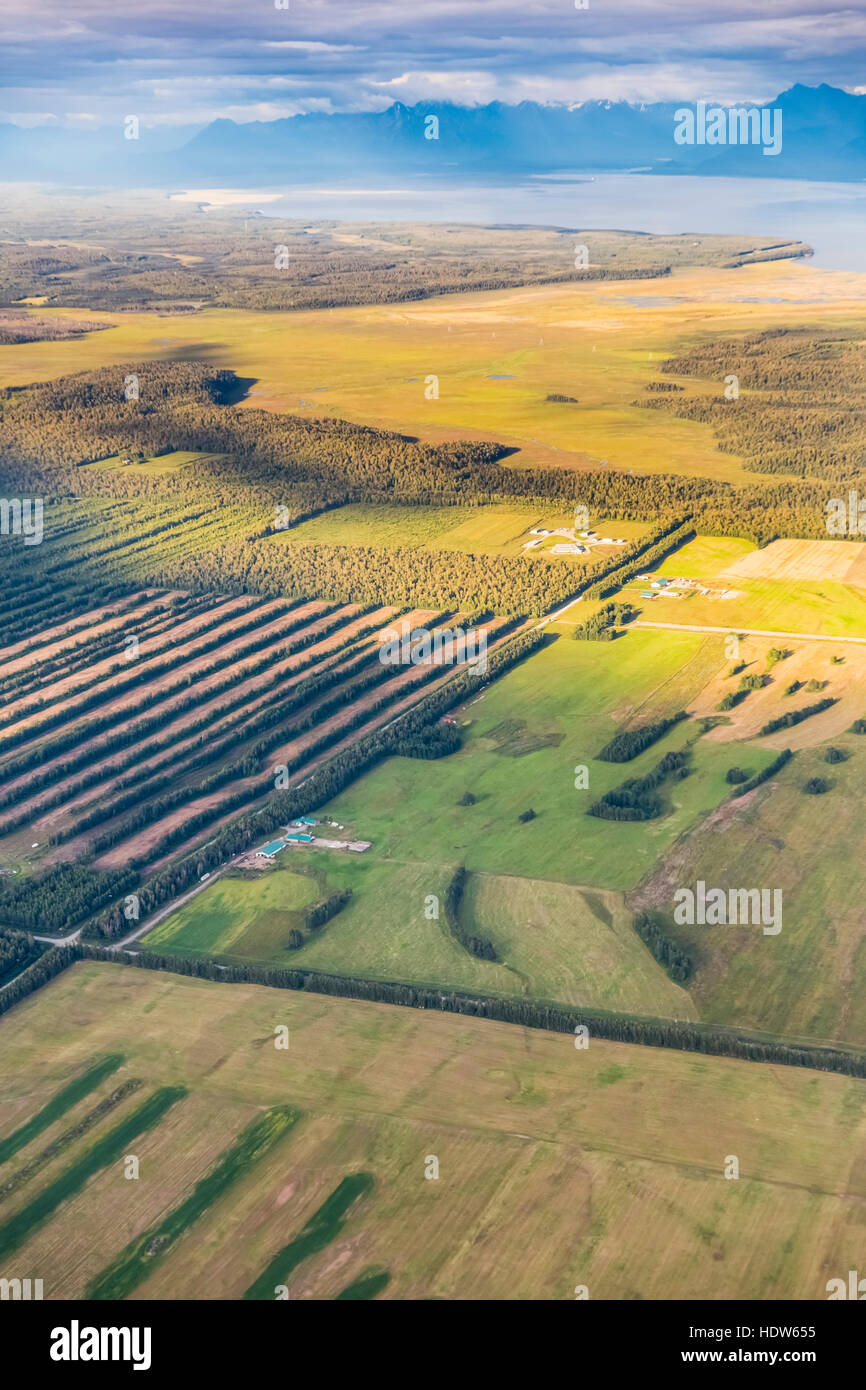 Aerial view of farm land in the Matanuska-Susitna Valley near Point ...
