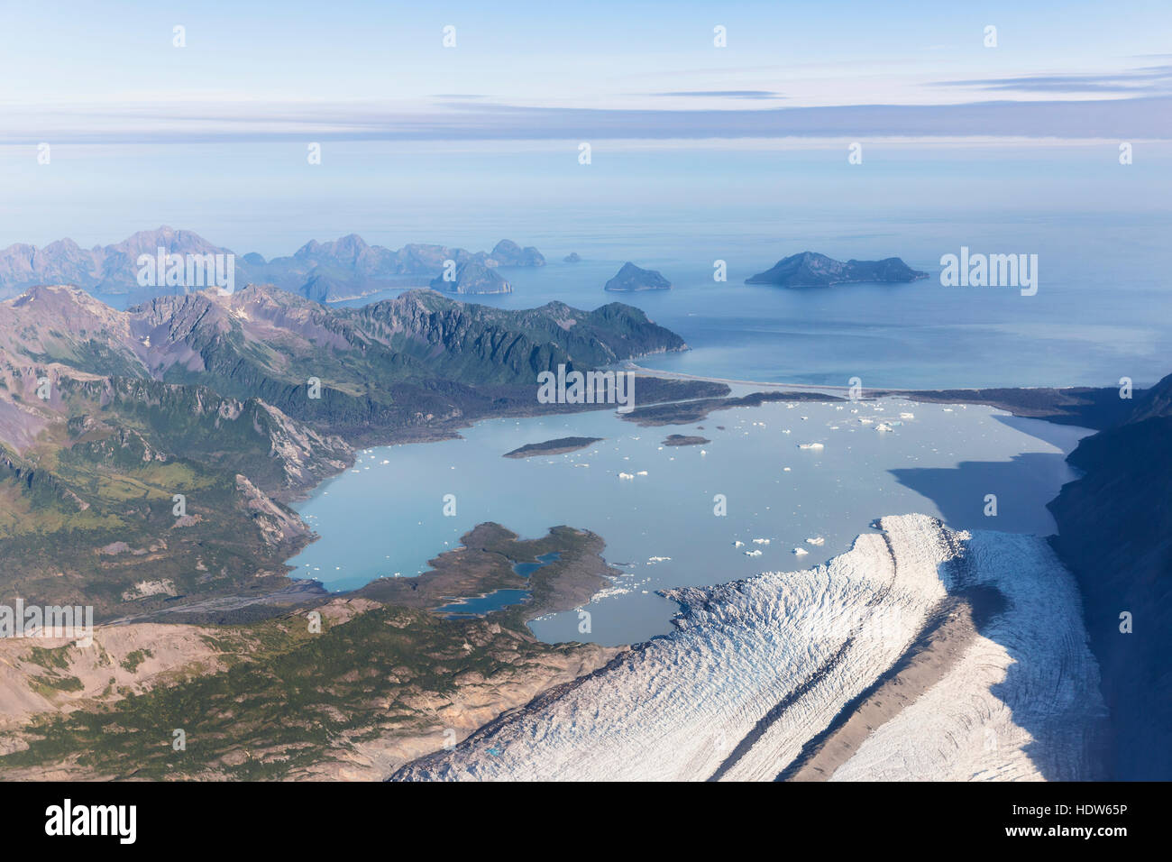 Aerial view of Bear Glacier and lagoon in summer, Resurrection Bay ...