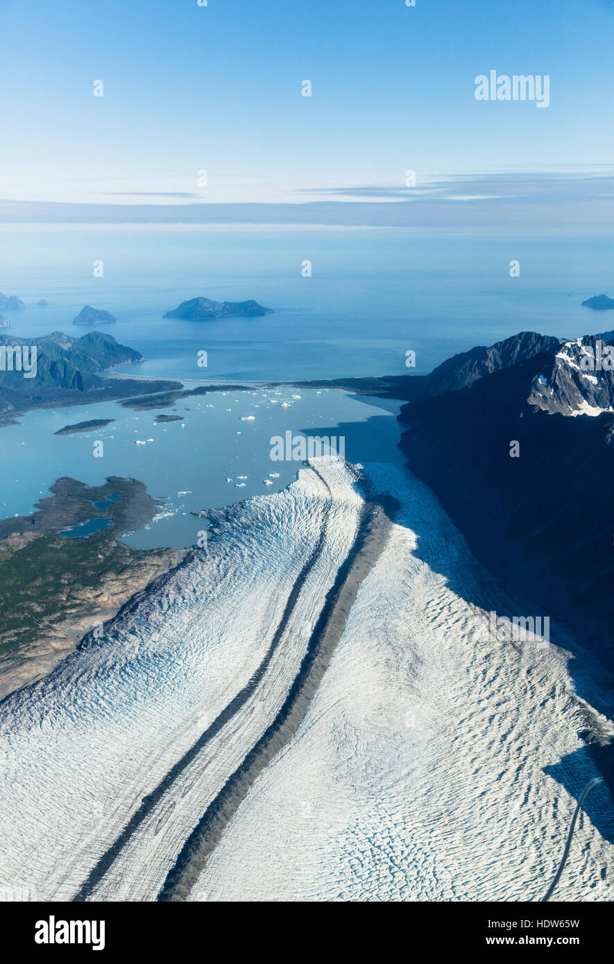 Aerial view of Bear Glacier and lagoon in summer, Resurrection Bay ...
