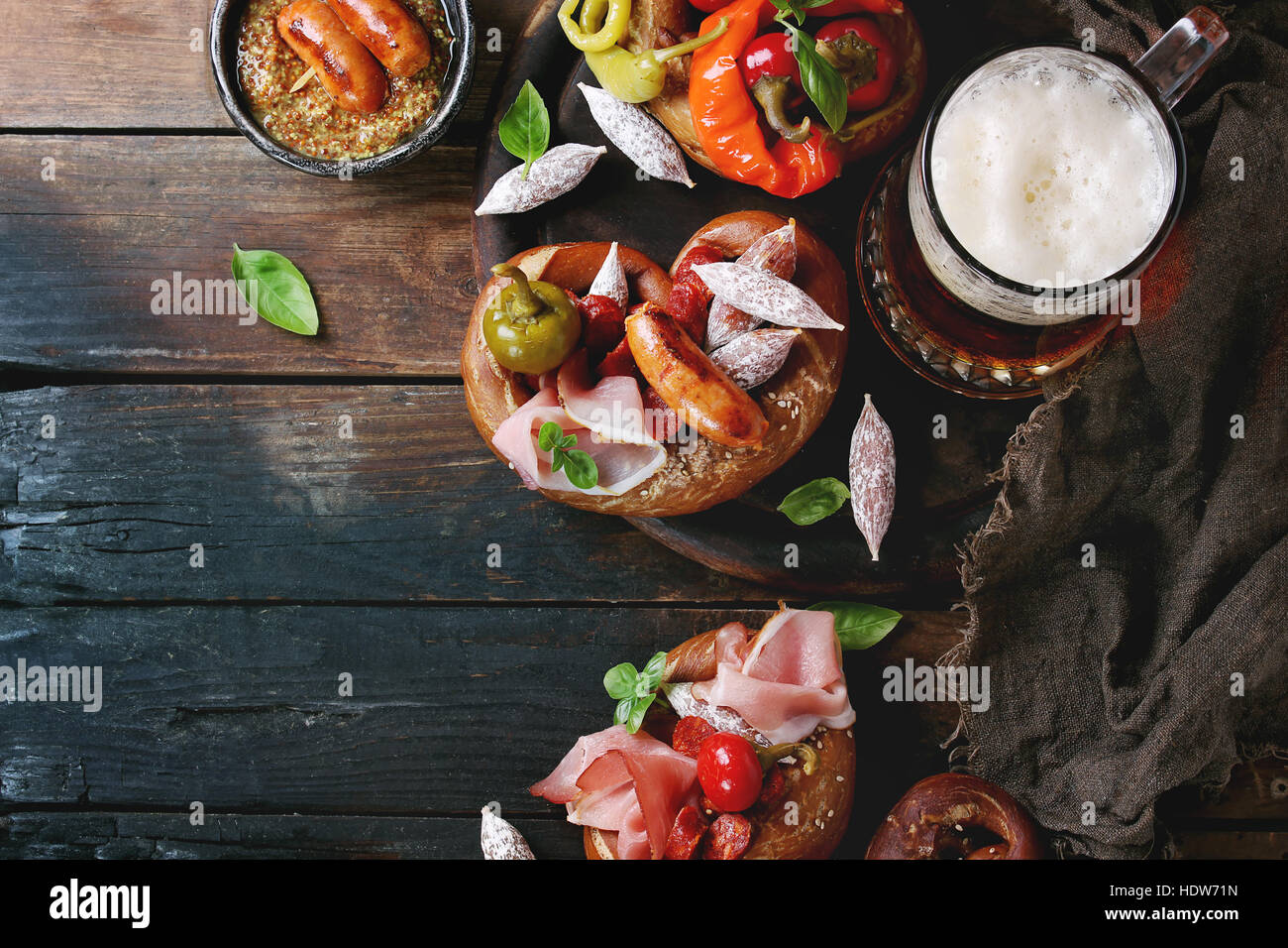 Variety of meat snacks in pretzels Stock Photo - Alamy
