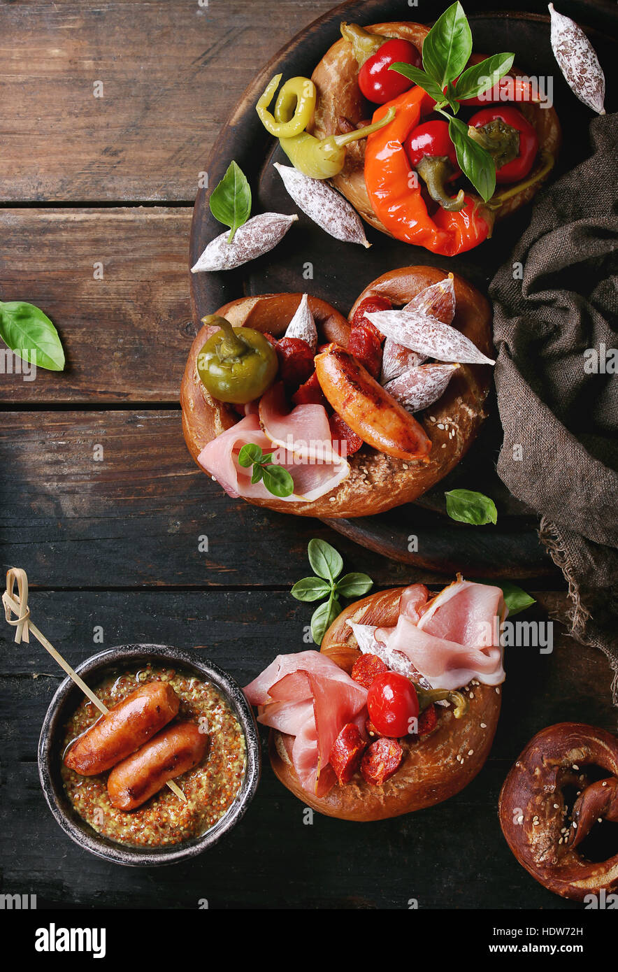 Variety of meat snacks in pretzels Stock Photo - Alamy